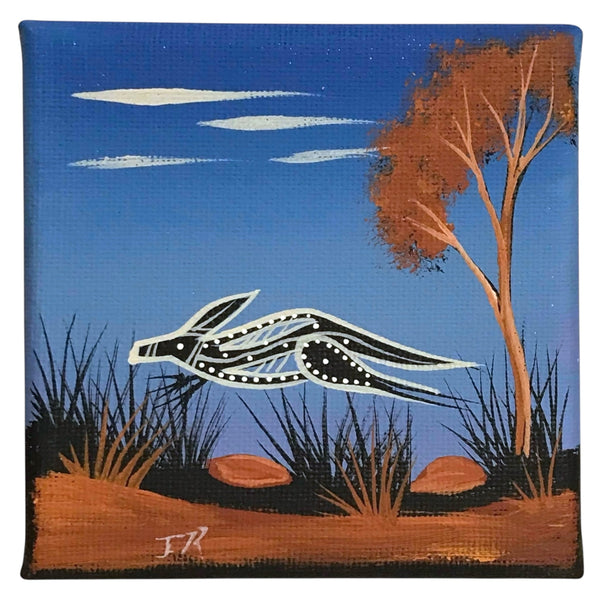 John Rotumah - Blue Sky & Kangaroo 10 x 10cm Stretched Canvas - Planet ...