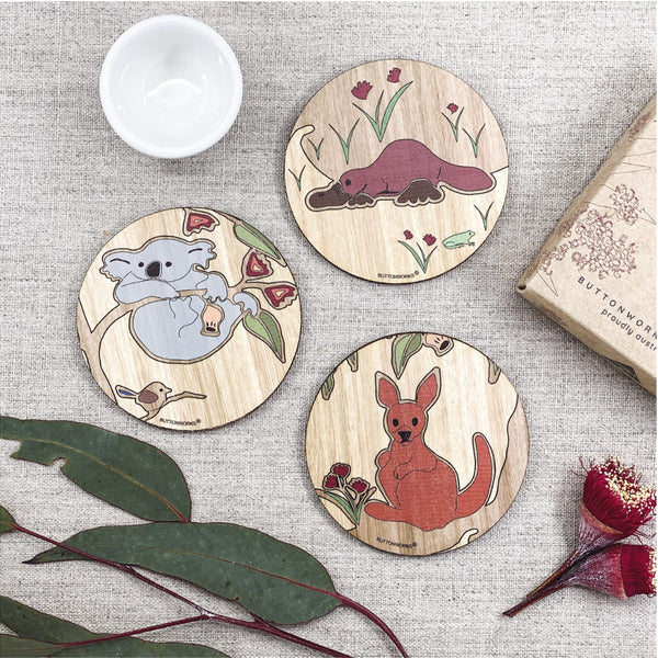 6 Round Wooden Australian Made Animal Wildlife Tree Coasters - Planet ...