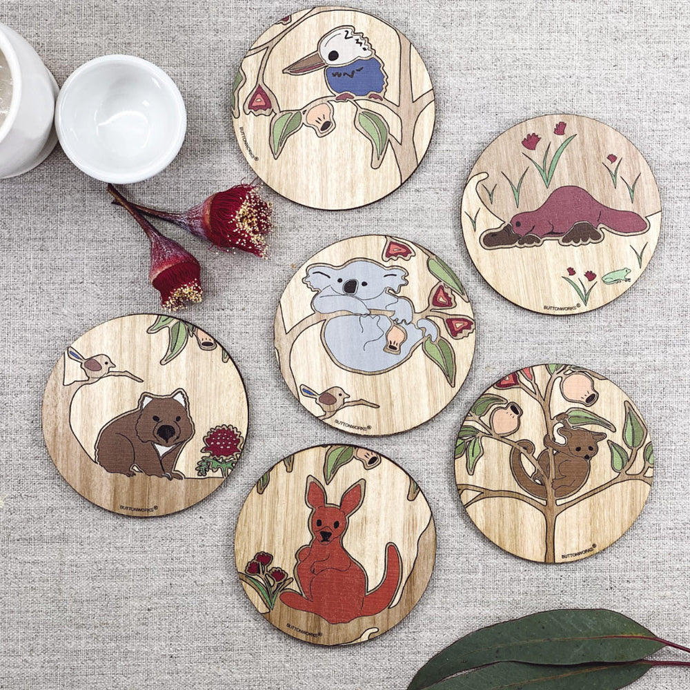 6 Round Wooden Australian Made Animal Wildlife Tree Coasters - Planet ...