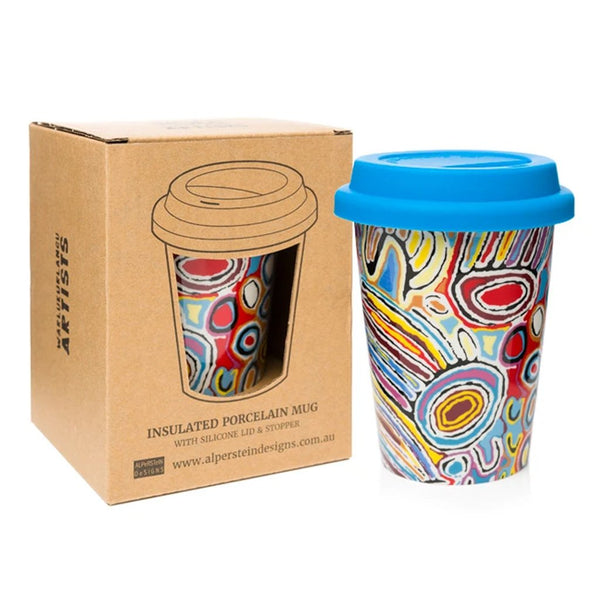Ceramic Keep Mug - by Judy Watson, Mina Mina - Blue lid - Planet Corroboree