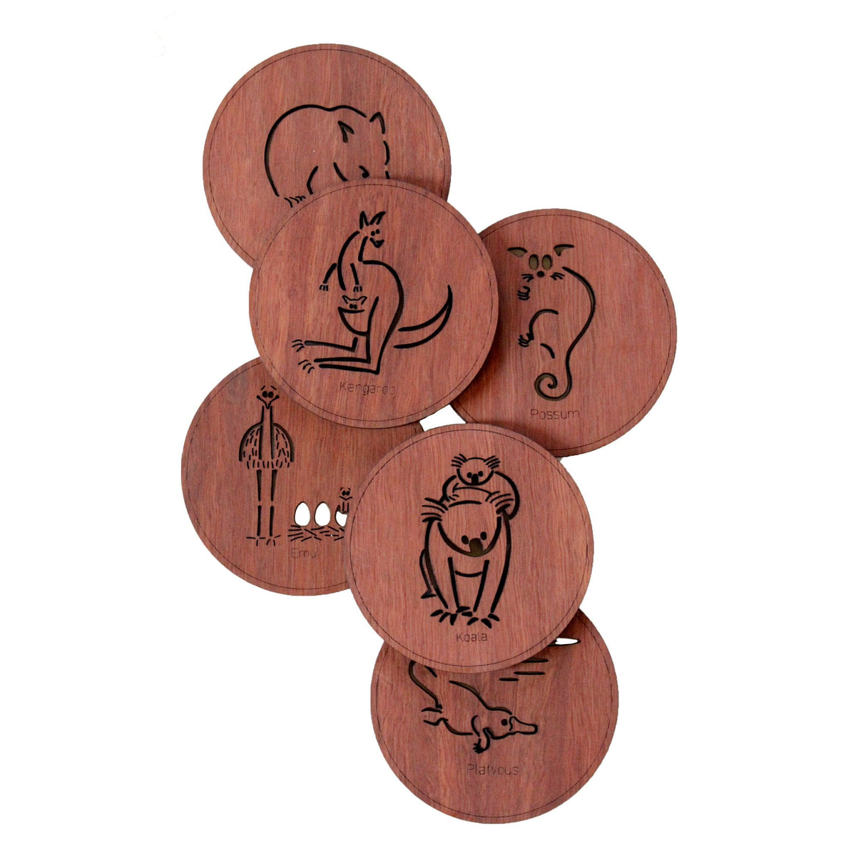 6 Round Wooden Australian Made Animal Coasters, with different wood ty ...